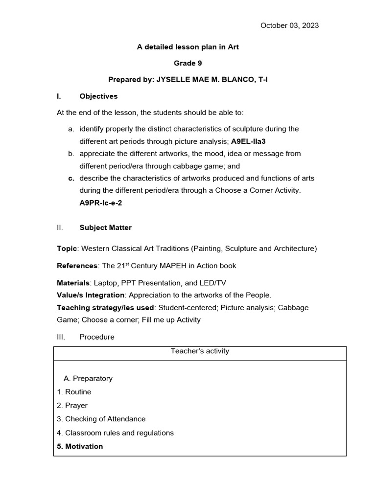 A Detailed Lesson Plan in Art 9-L1 - Oct 3 | PDF | Sculpture | Lesson Plan