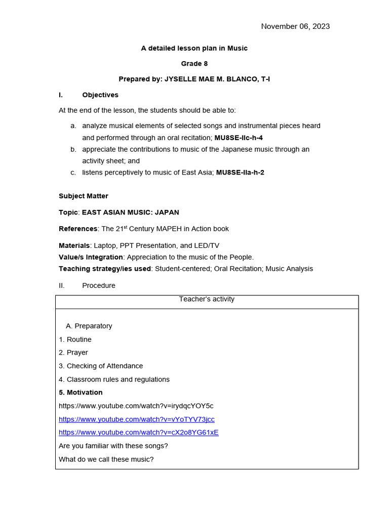 Lesson Plan Mapeh 8 Nov 6 | PDF | String Instruments | Musical Instruments