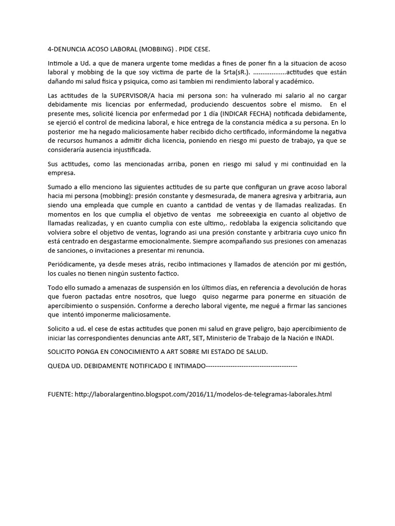Modelo Telegrama Laboral Por Acoso y Mobbing | PDF | Derecho laboral