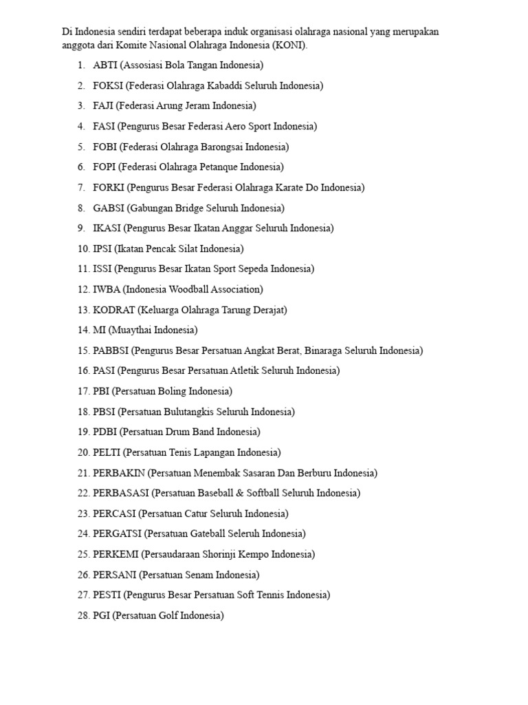 Induk Organisasi Di Bawah Koni | PDF | Olahraga & Rekreasi