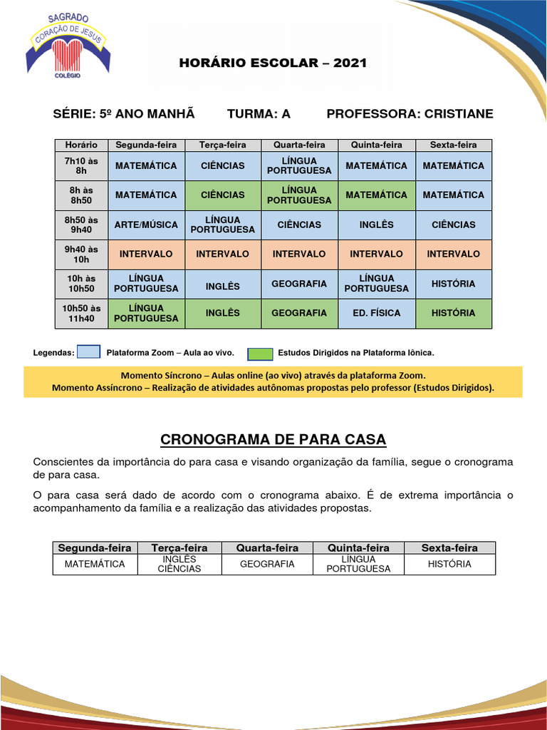 Horario de Aula - 5 Ano A - Manhã - Professora Cristiane | PDF | Science | Geografia