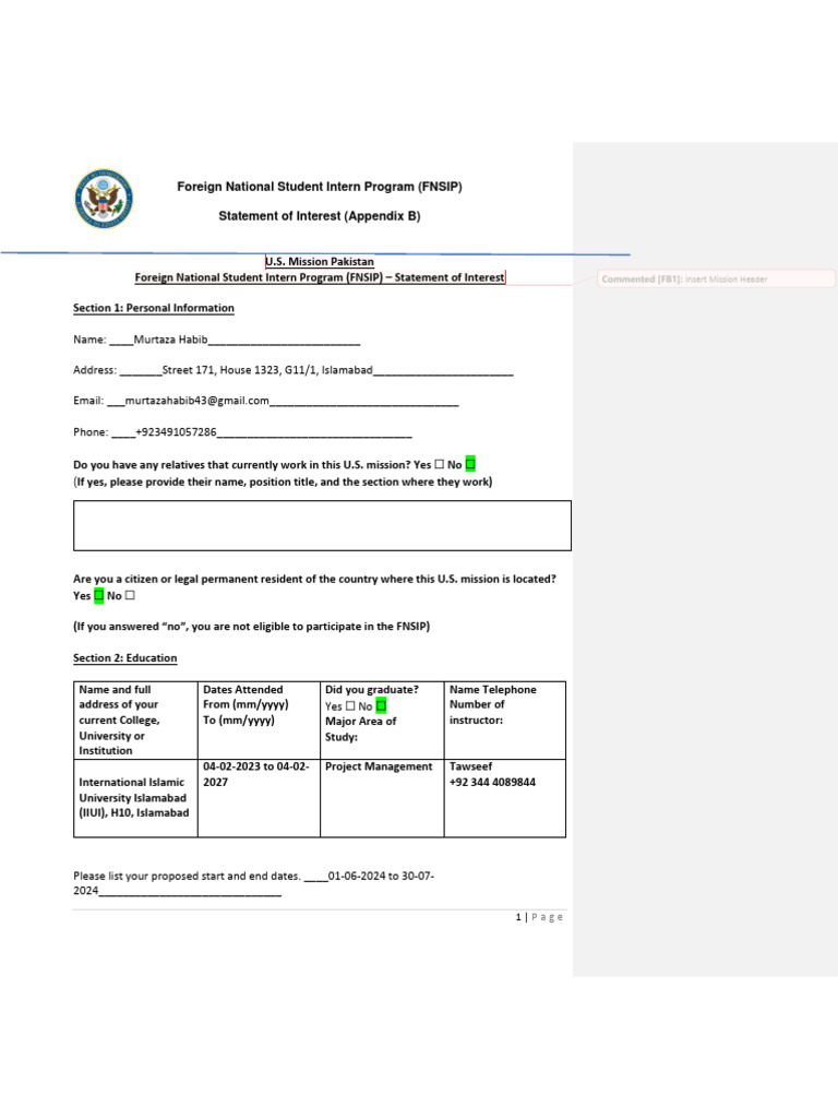FNSIP Statement of Interest Form | PDF | Conservation Biology | Internship