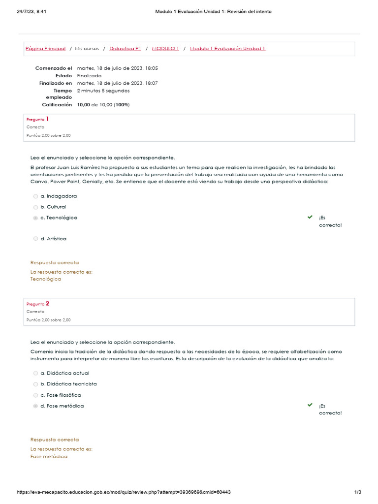 Modulo 1 Evaluación Unidad 1 - Revisión Del Intento | PDF | Cognición | Aprendizaje
