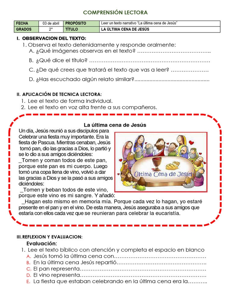 2a COMP - LECTORA - SEMANA SANTA - FICHA. | PDF | Última cena | Pascua ...