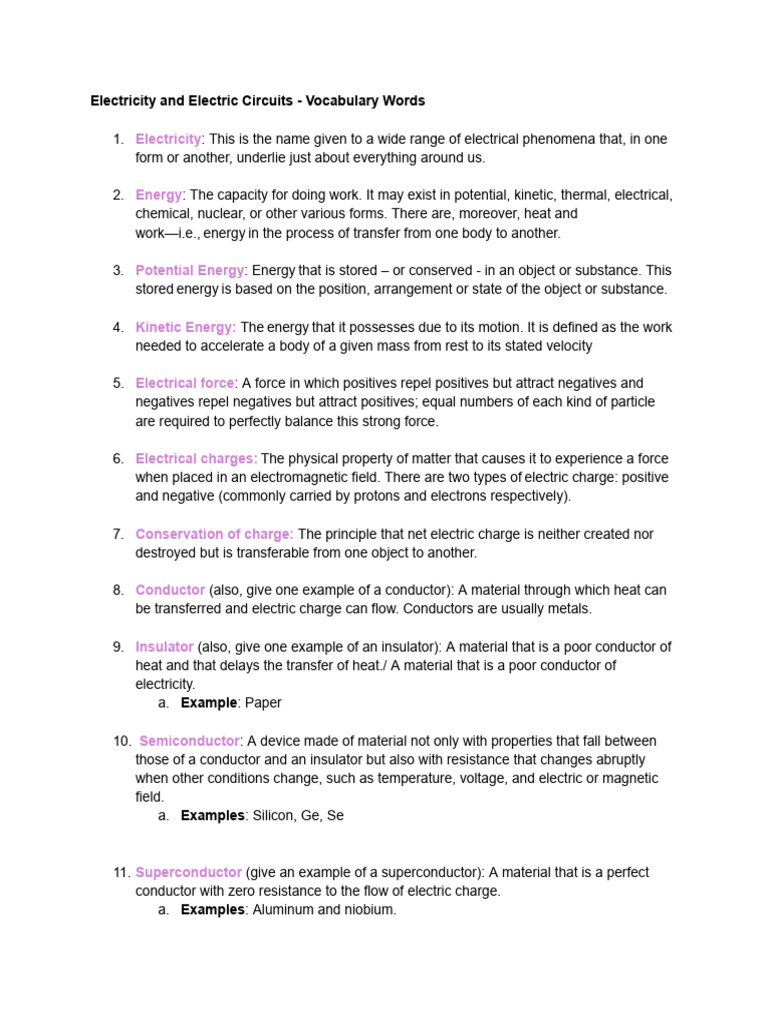 Electricity and Circuits Vocabulary Guide | PDF | Electricity ...
