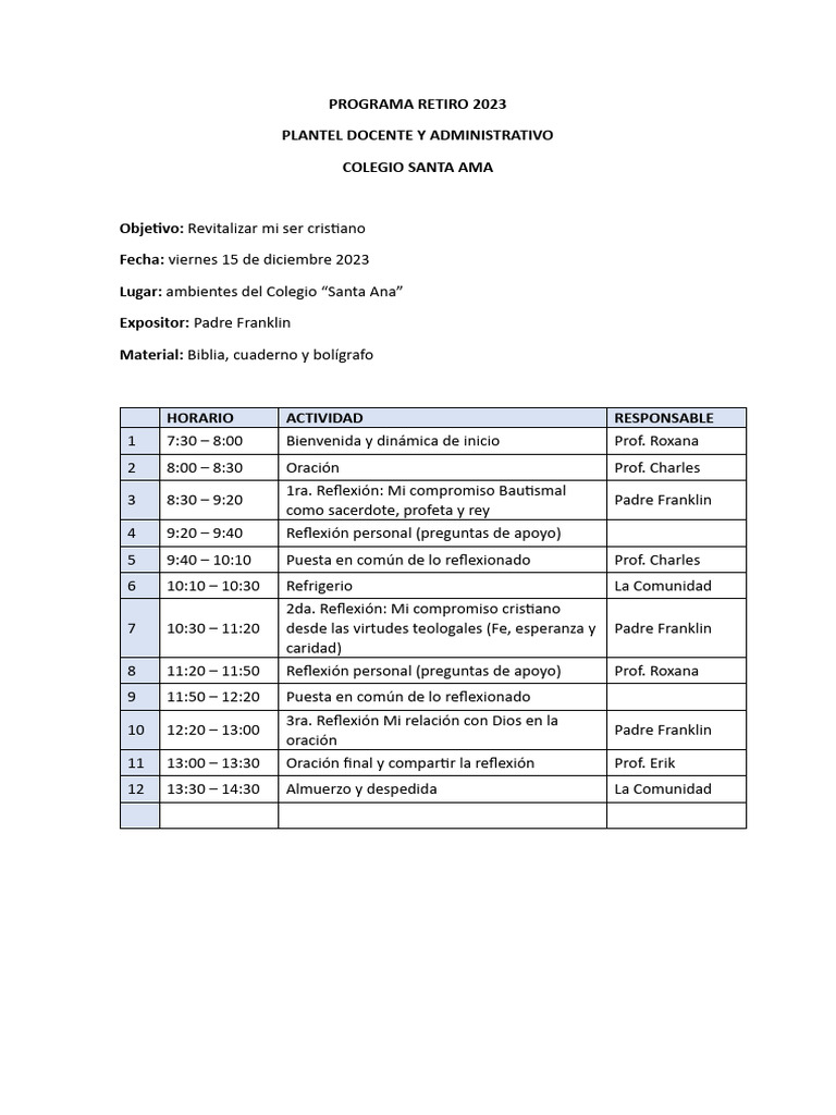 PROGRAMA RETIRO 2023 | PDF