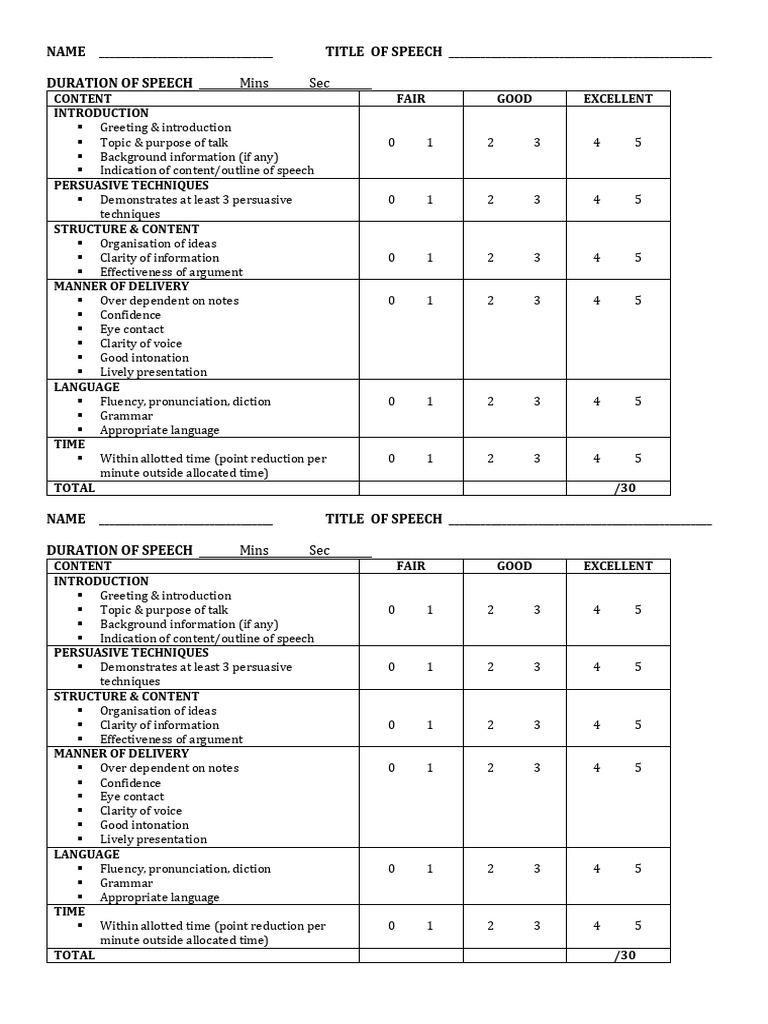Speech Evaluation Criteria | PDF | Human Voice | Applied Linguistics