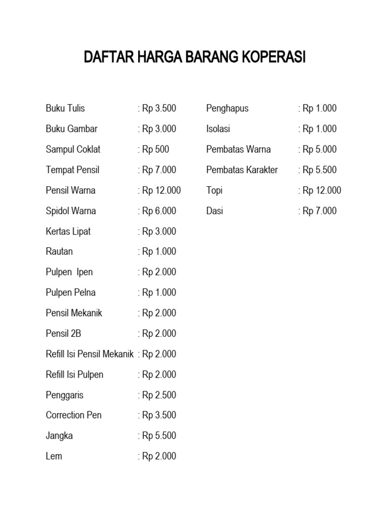 Daftar Harga Barang Koperasi | PDF