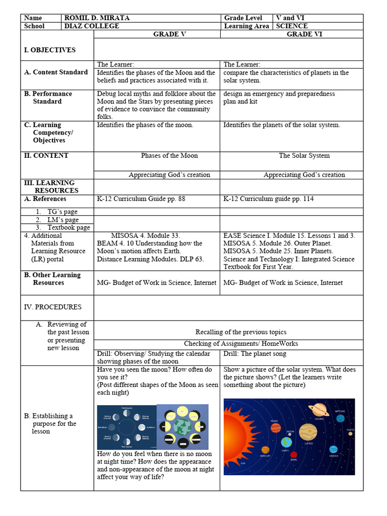 Multi Grade Lesson Plan | PDF | Moon | Solar System