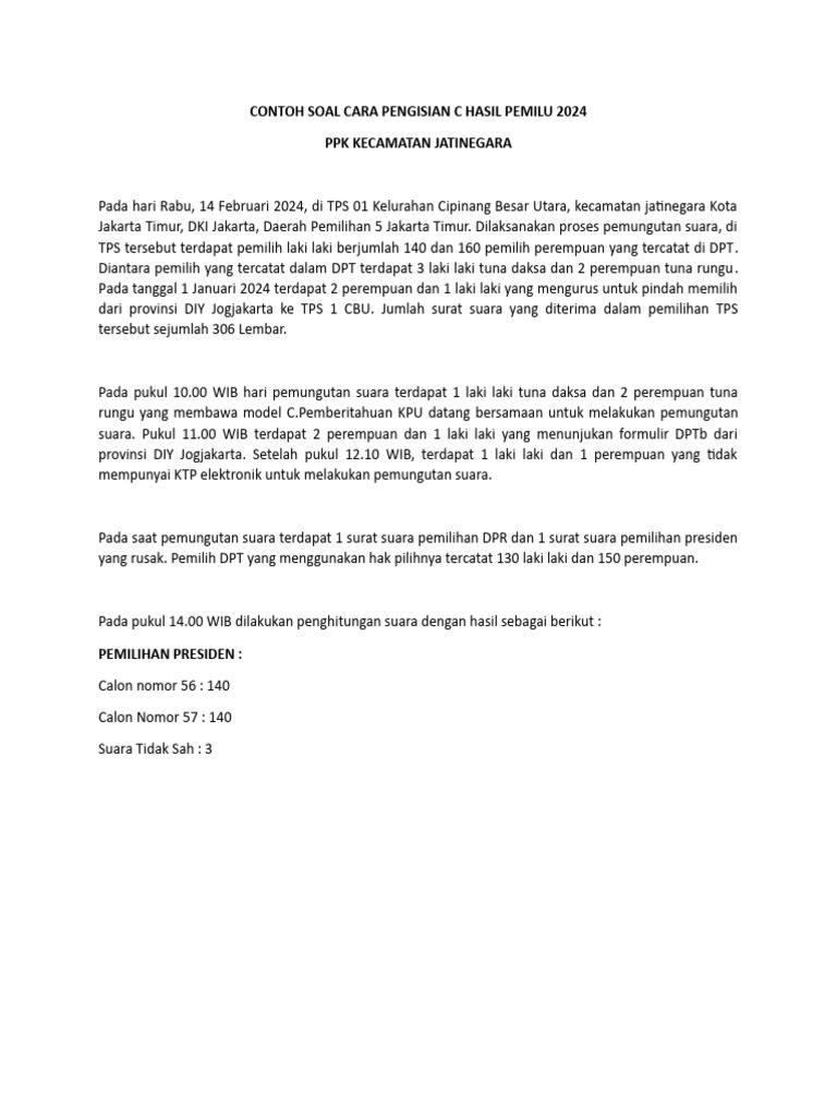 CONTOH SOAL CARA PENGISIAN C HASIL PEMILU 2024 FIX | PDF