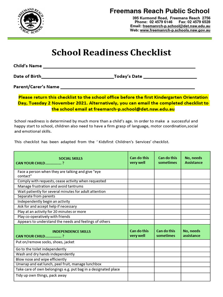 School Readiness Checklist 2022 | PDF | Psychology | Psychological Concepts