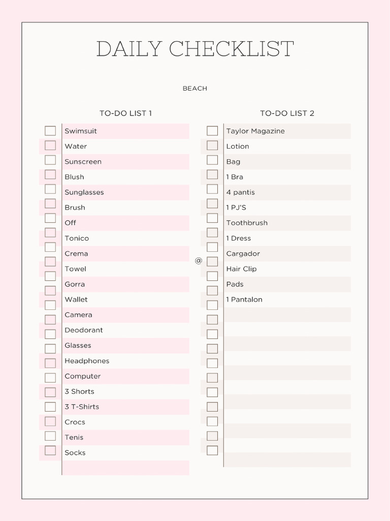 Pink and Cream Simple Two-Column Daily Checklist | PDF