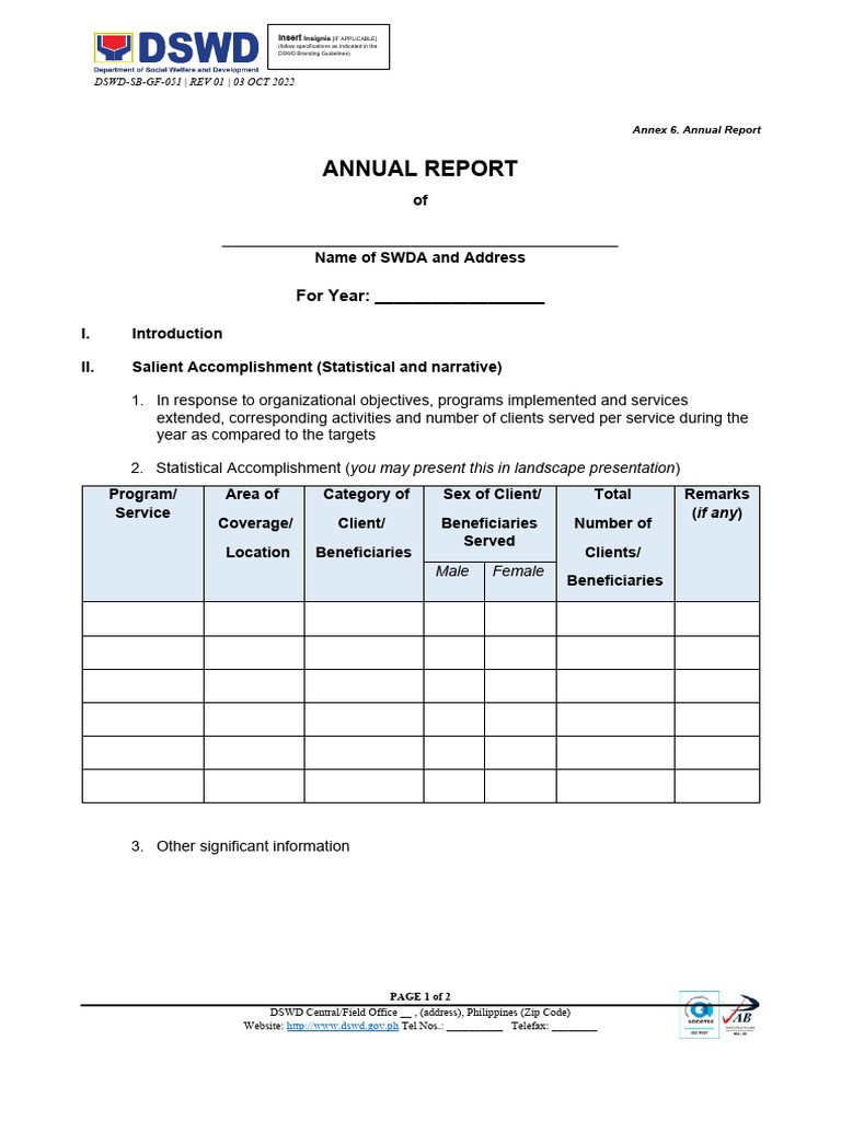 DSWD Annual Report Template Guide | PDF