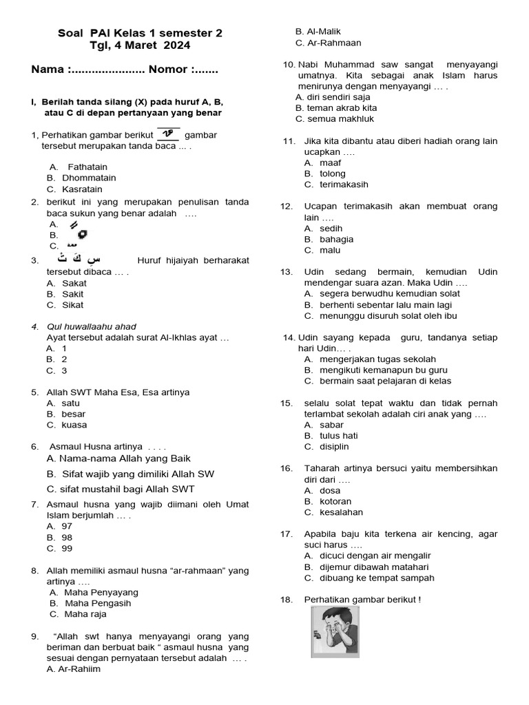 Ulangan PAI Kelas 1 Tgl 4-3-2024 | PDF