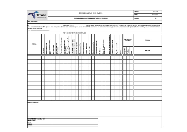 Planilla de Entrega de EPP en Excel | PDF