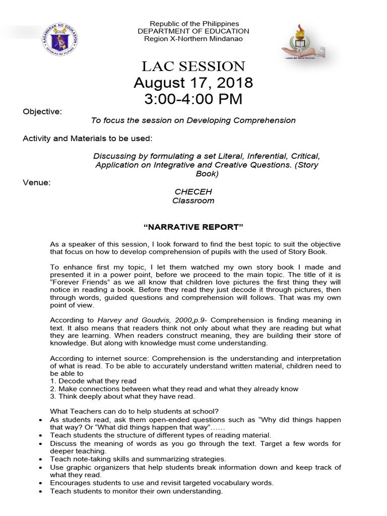 Lac Session Narrative Report | PDF | Reading Comprehension | Cognitive ...