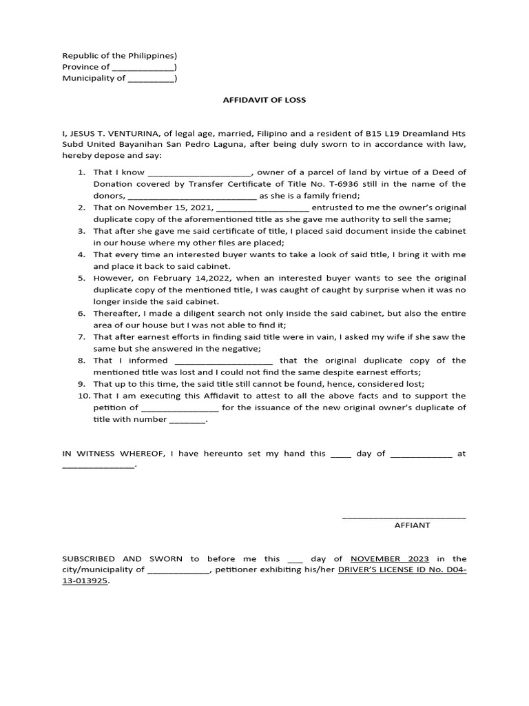 Affidavit of Loss | PDF | Affidavit | Civil Law (Common Law)