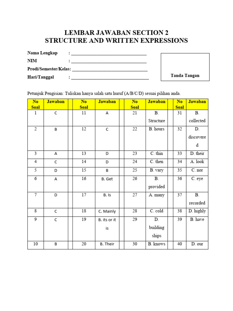 Lembar Jawaban Section 2structure and Written Expressions | PDF