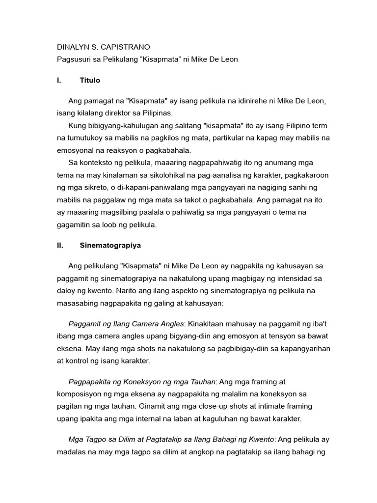 Kisapmata Repleksyon Capistrano, Dinalyn | PDF