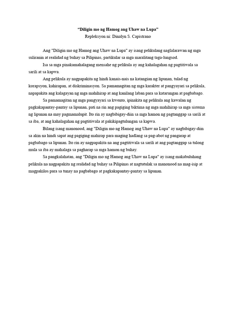 Wk1-OutputDiligin Mo NG Hamog Ang Uhaw Na Lupa - Repleksyon | PDF Wk1-OutputDiligin Mo NG Hamog Ang Uhaw Na Lupa - Repleksyon | PDF