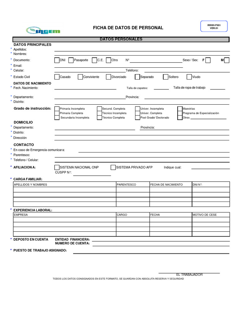Formato Ficha Personal de Ingreso-INGEM | PDF | Documento de identidad | Gobierno y personalidad