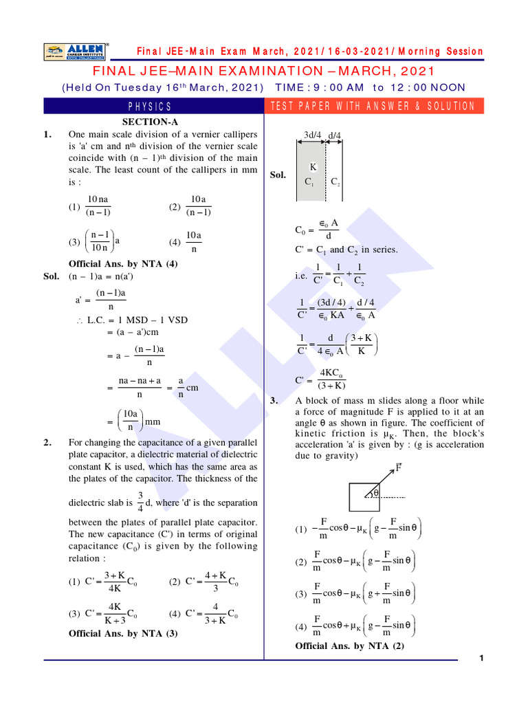 Jee Main 2021 March Attempt Official Question Solution | PDF ...