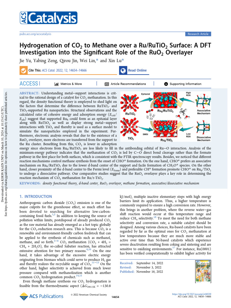 Yu Et Al 2022 Hydrogenation Of Co2 To Methane Over A Ru Rutio2 Surface A Dft Investigation Into