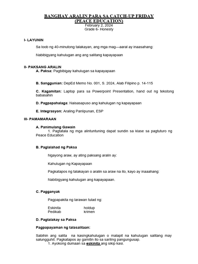 Banghay Aralin sa Peace Education (Catch Up Friday) | PDF