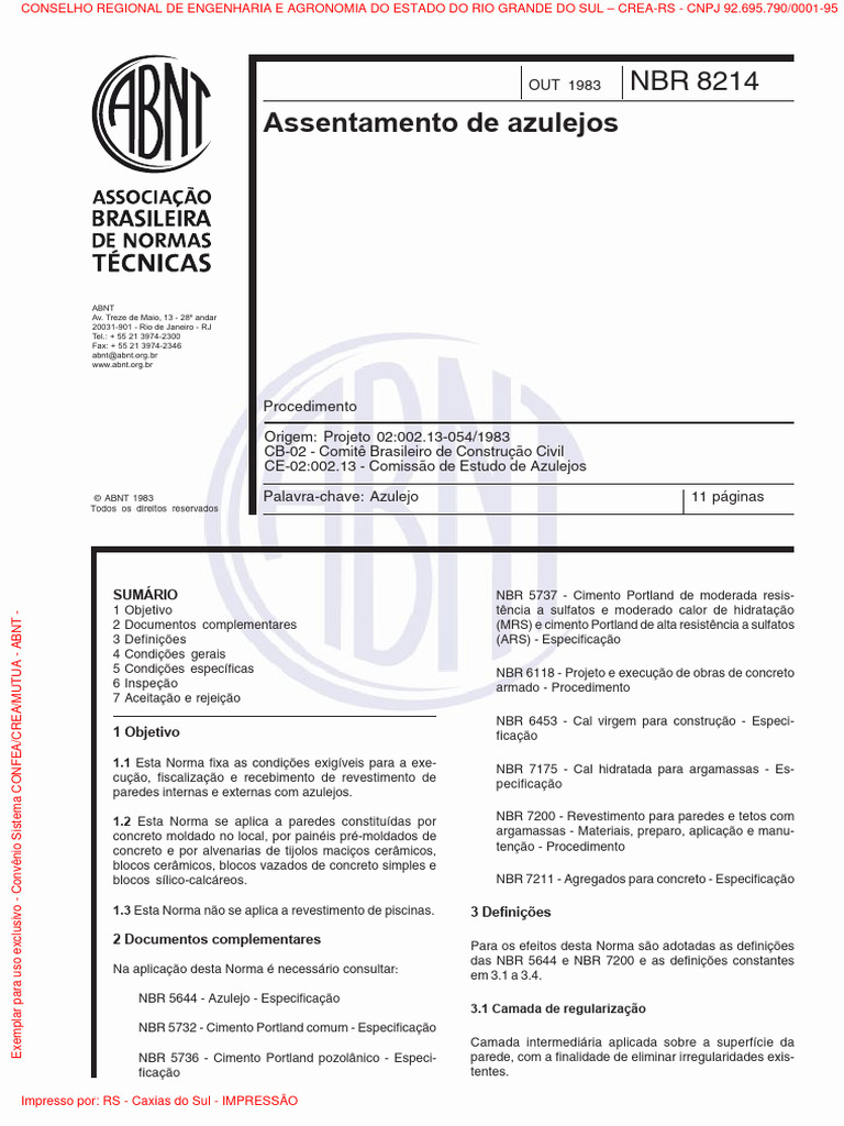 Abnt NBR 8214 1983 | PDF | Argamassa (alvenaria) | Cimento