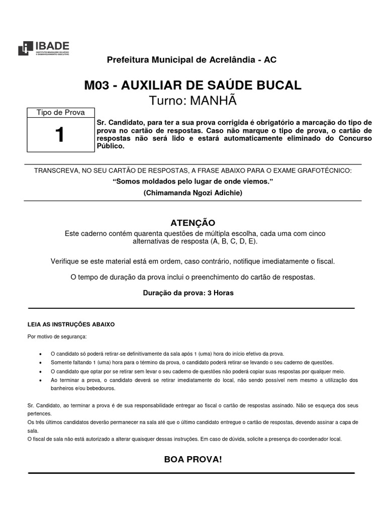 AUXILIAR DE SAÚDE BUCAL (M03) Tipo 1 | PDF