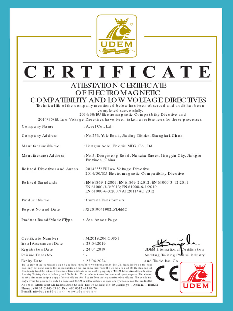 Acrel_Certificate_CE7 | PDF | Electromagnetism | Electricity