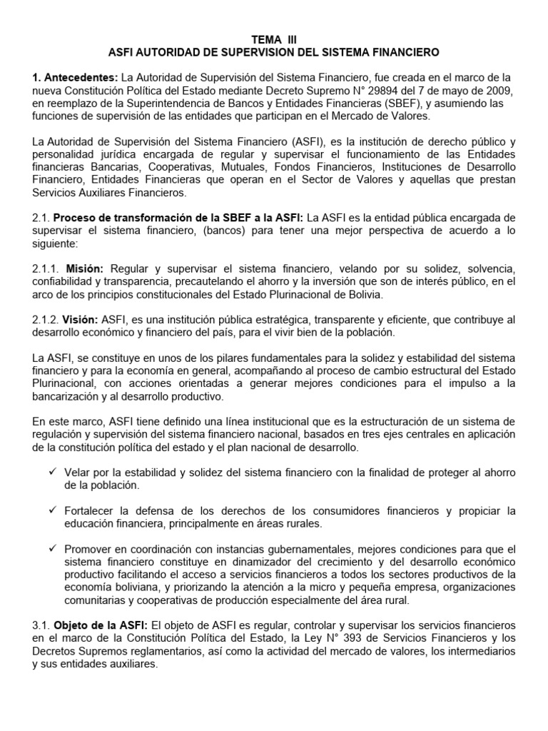 Funciones y Objetivos de la ASFI | PDF | Sistema financiero | Bancos