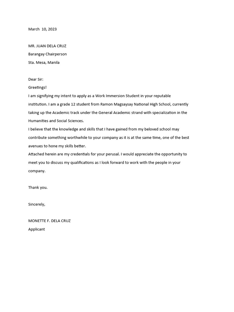 Work Immersion Application Letter Sample | PDF