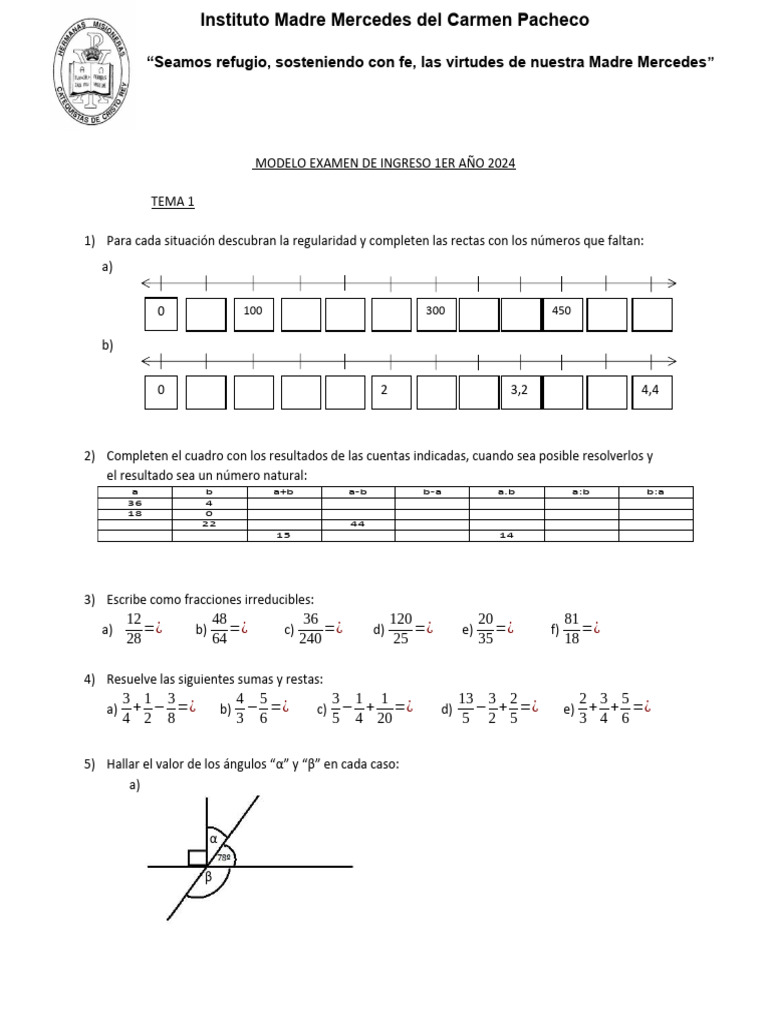 Modelo de Examen Ingreso A 1er Año 2024 | PDF