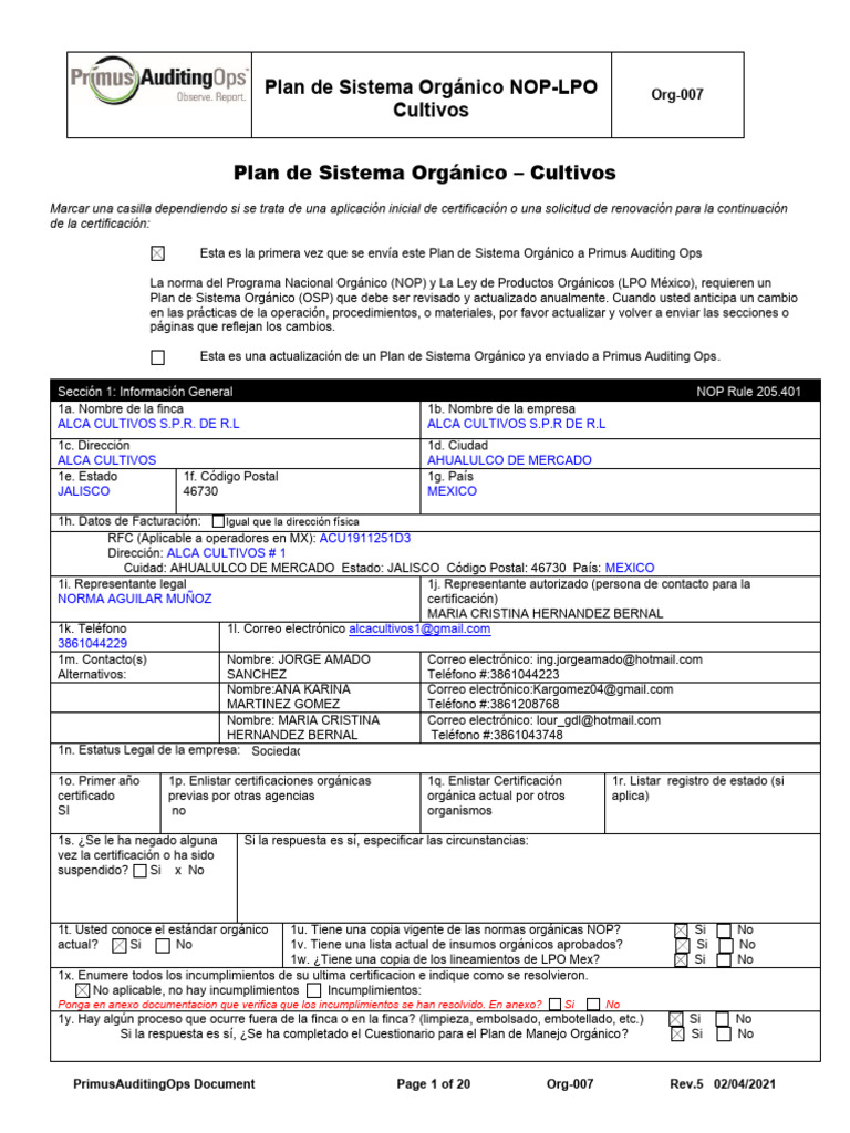 Plan de Manejo Organico LPO - NOP PAO - Copia v2 04-13-2022 | PDF ...