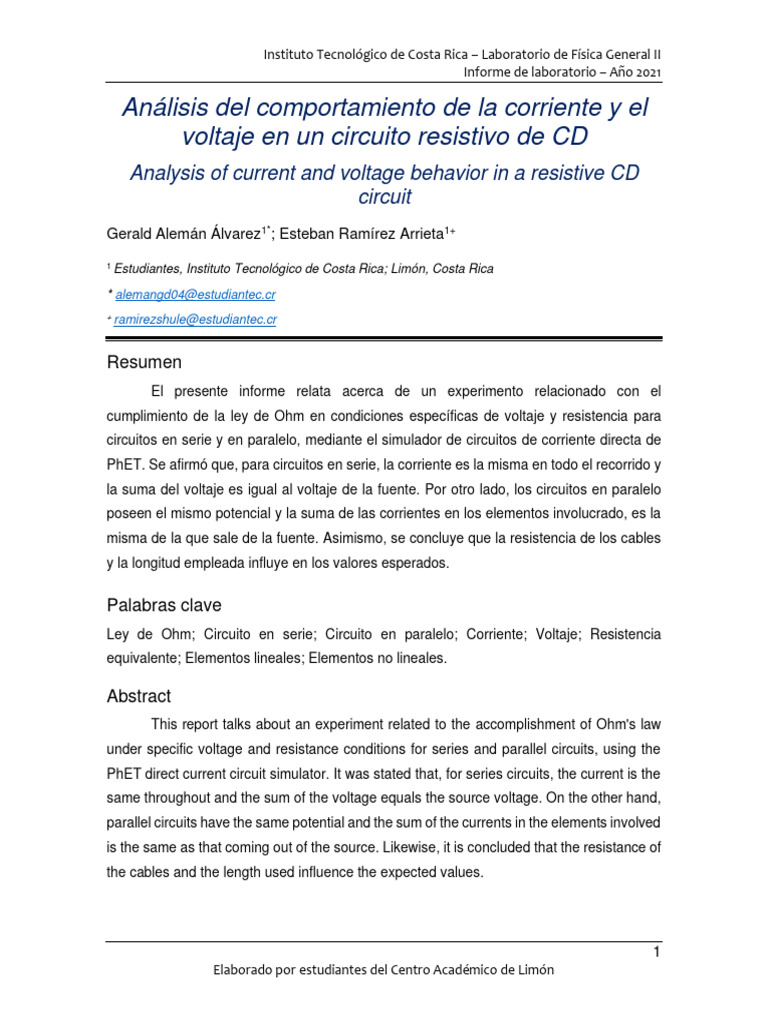 Análisis del comportamiento de la corriente y el voltaje en un circuito resistivo de CD | PDF ...