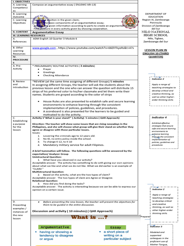 English 10 Lesson Plan: Argumentative Essays | PDF | Learning | Teachers