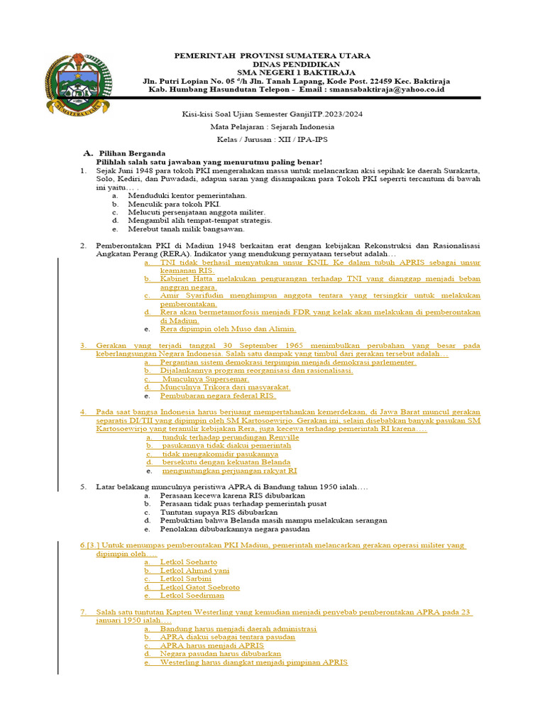 Kisi Kisi Soal Sejarah Indonesia Kelas XII | PDF | Sejarah