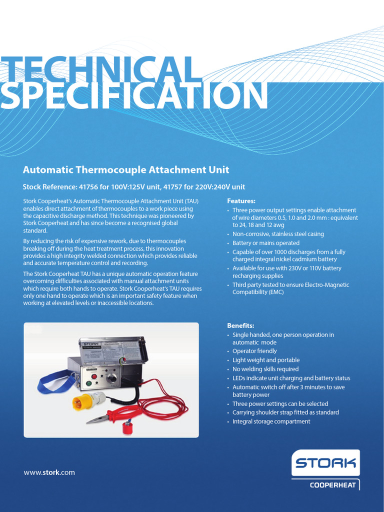 Cooperheat_TAU_tech_spec | PDF | Thermocouple | Rechargeable Battery