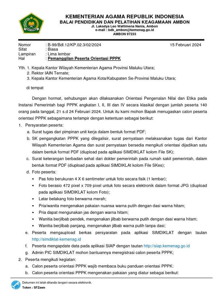 Pemanggilan Peserta Orientasi PPPK 2024 | PDF