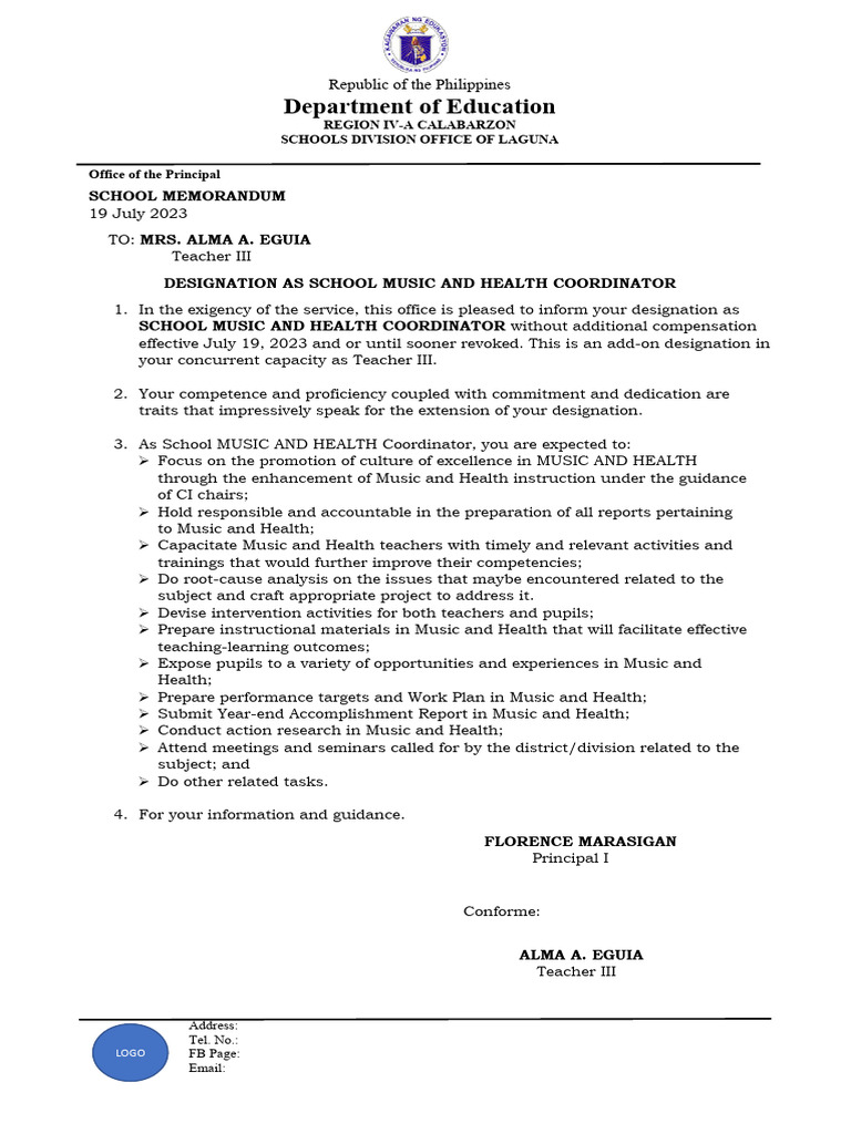 Designation Order As School Music Coordinator | PDF | Behavior ...