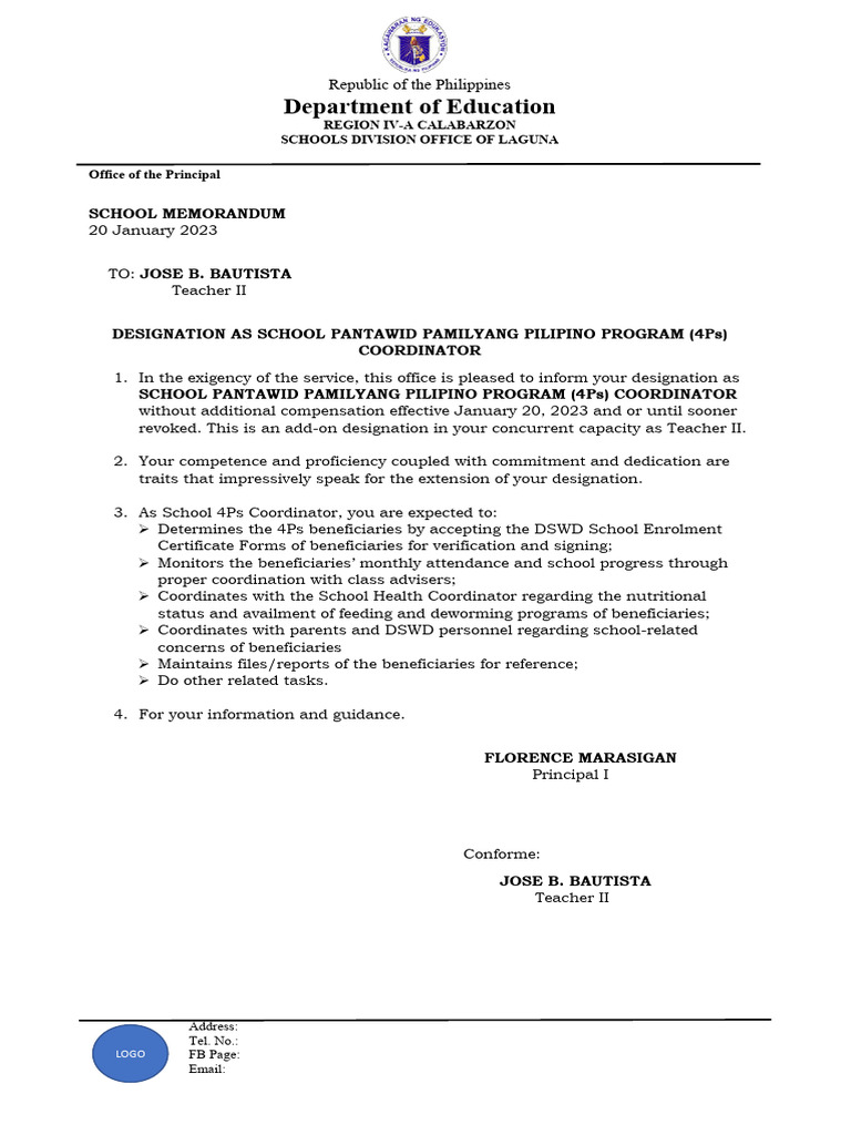 DESIGNATION ORDER AS SCHOOL 4Ps COORDINATOR | PDF