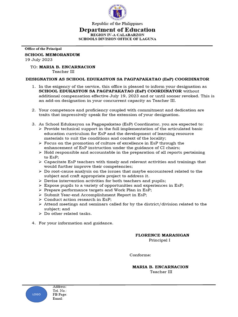 Designation as EsP Coordinator | PDF | Human Communication | Behavior ...