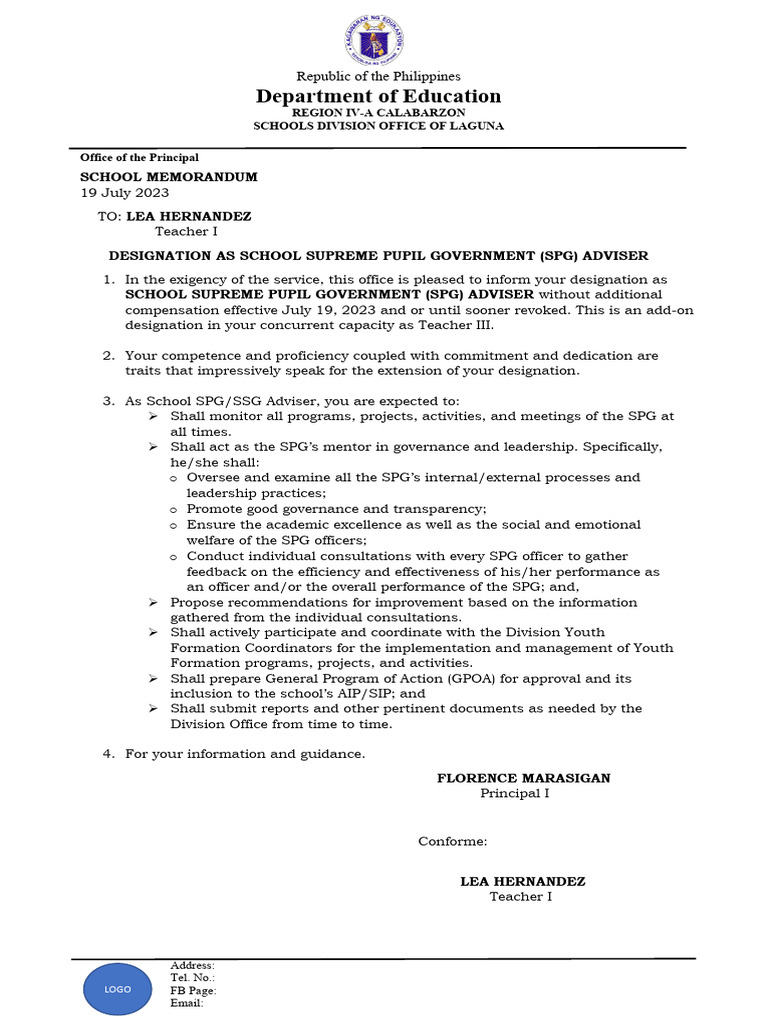 Designation Order As School SPG Adviser | PDF