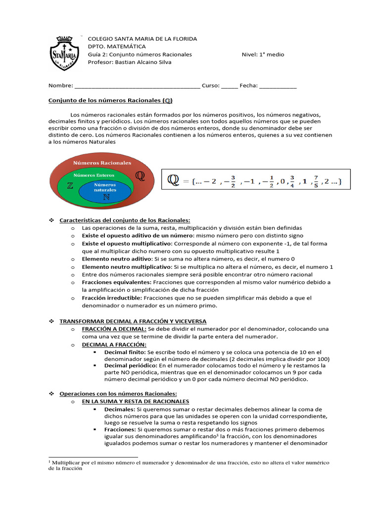 Guía de Números Racionales 1° Medio | PDF | Número racional | Números