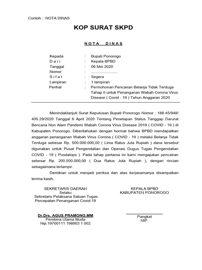 Contoh Nota Dinas Pengajuan BTT Tahap II | PDF