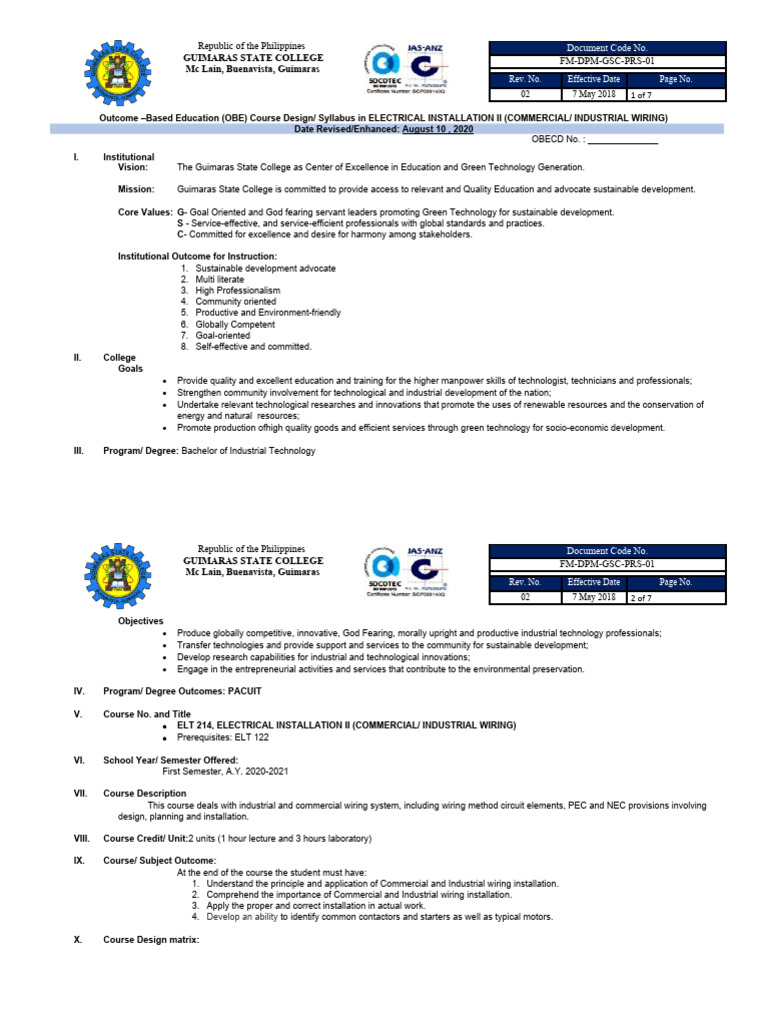 Cs Elt 214 Electrical Installation II Commercial Industrial Wiring Obe ...