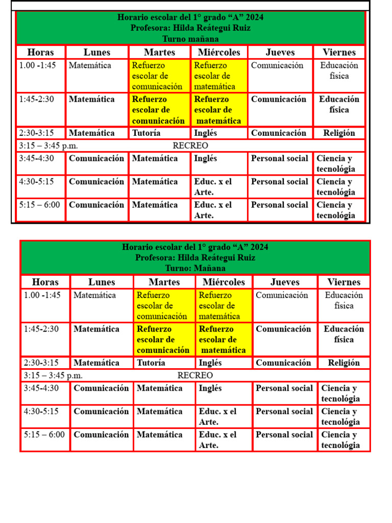 Horario Escolar Del 1 A 2024 | PDF | Lápiz | Trabajo de oficina