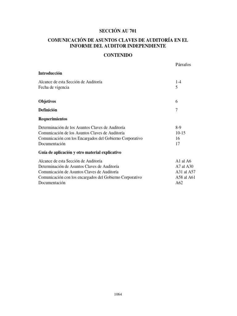 AU701 - Comunicación de Asuntos Claves de Auditoría en El Informe Del Auditor Independiente ...