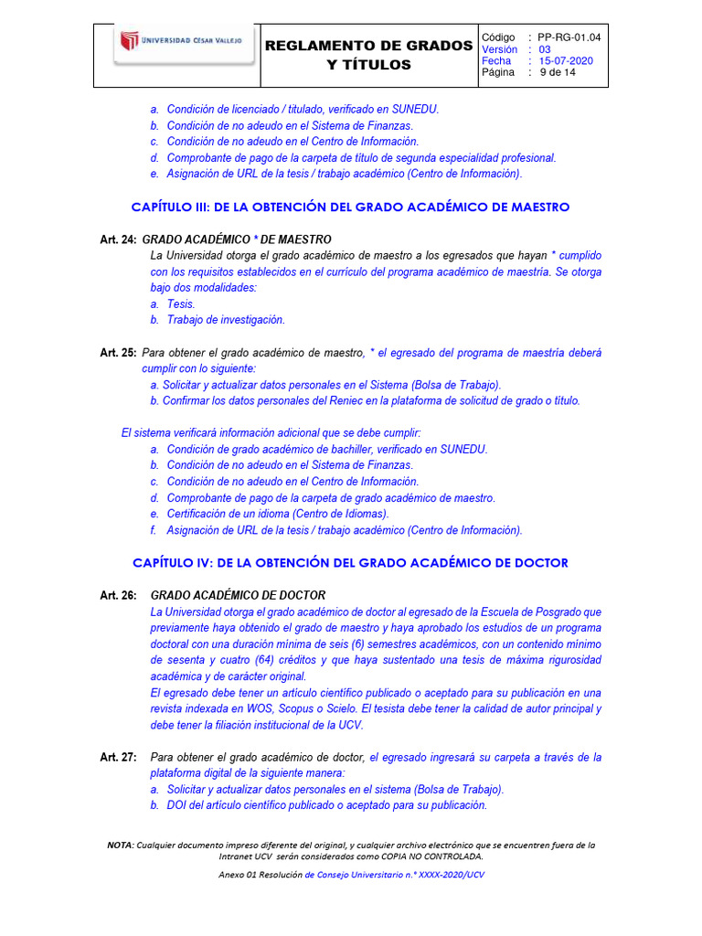 Reglamento de Grados y Títulos | PDF | Titulo academico | Doctorado